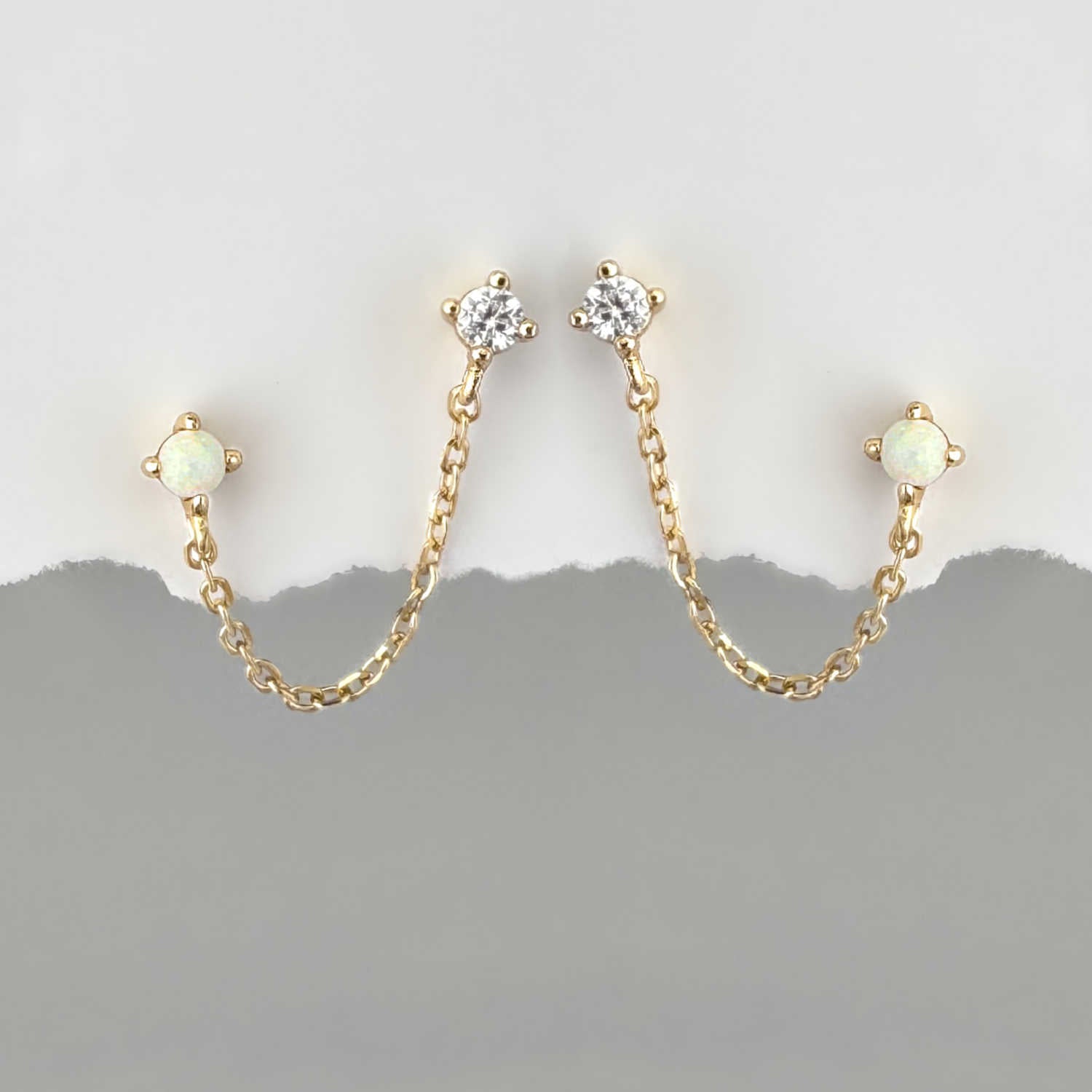Gold, SIlver & Gemstone Double Piercing and Connected Chain Earrings ...