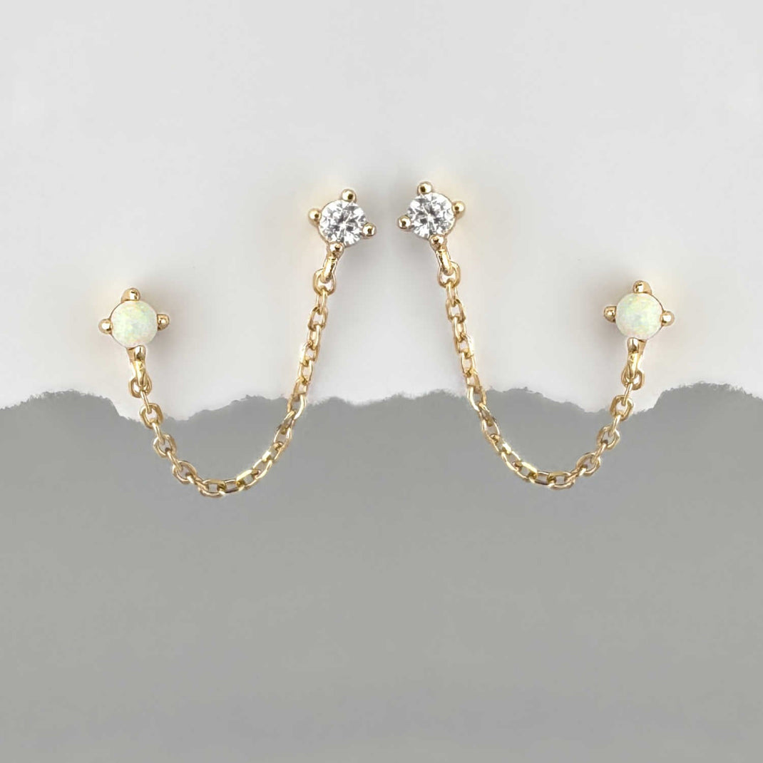 Gold, SIlver & Gemstone Double Piercing and Connected Chain Earrings ...
