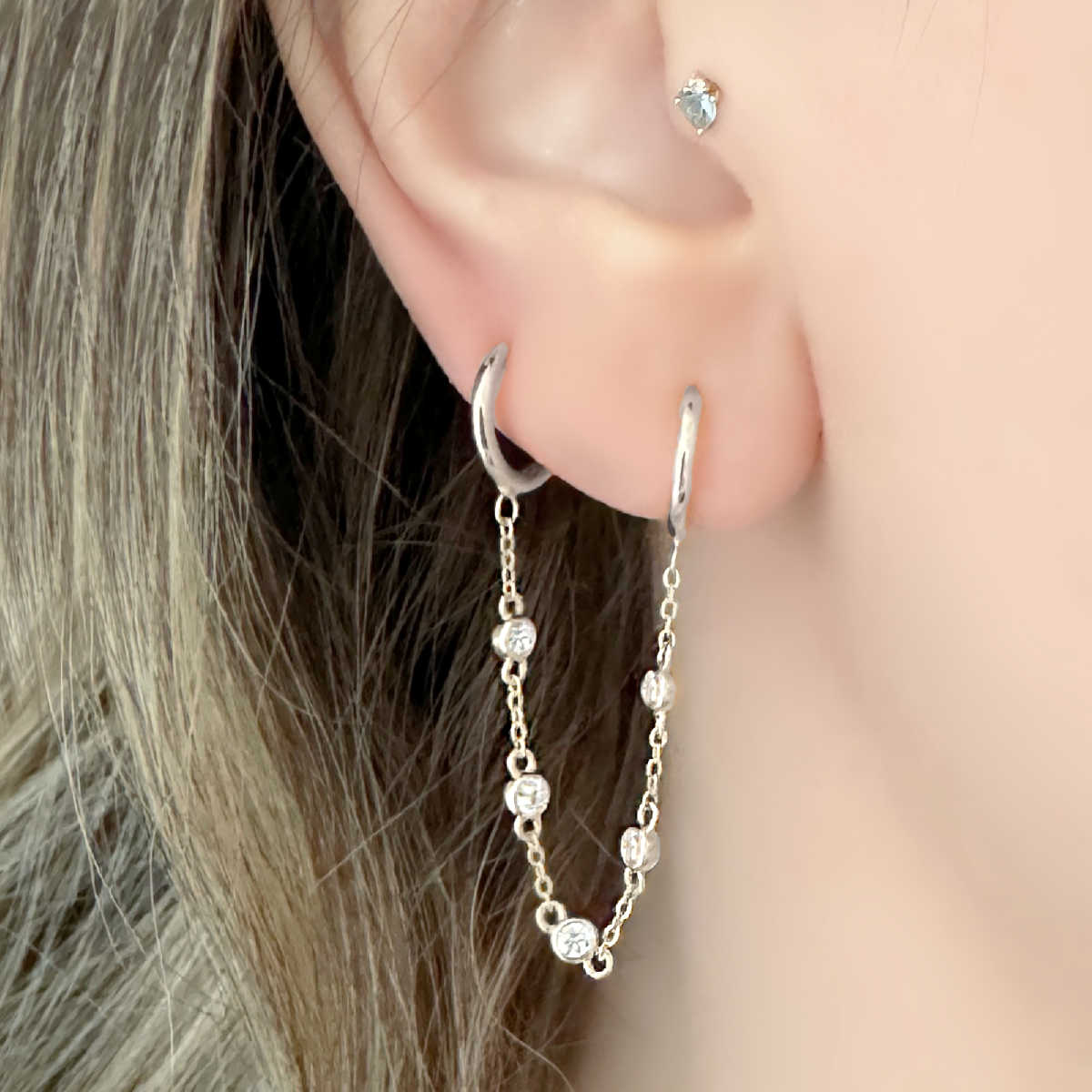 Gold & Gemstone Double Piercing & Connected Chain Earrings – Two of Most