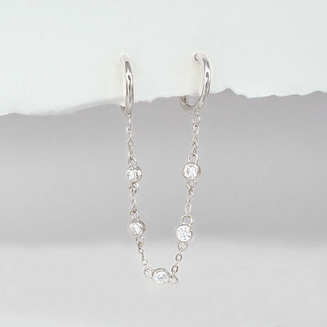 Gold & Gemstone Double Piercing & Connected Chain Earrings – Two of Most