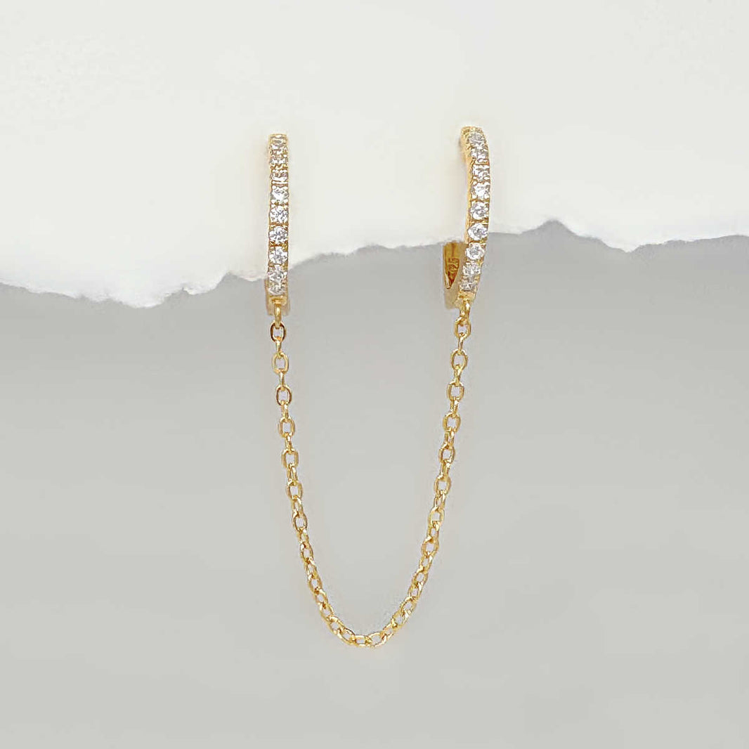Gold, SIlver & Gemstone Double Piercing and Connected Chain Earrings ...