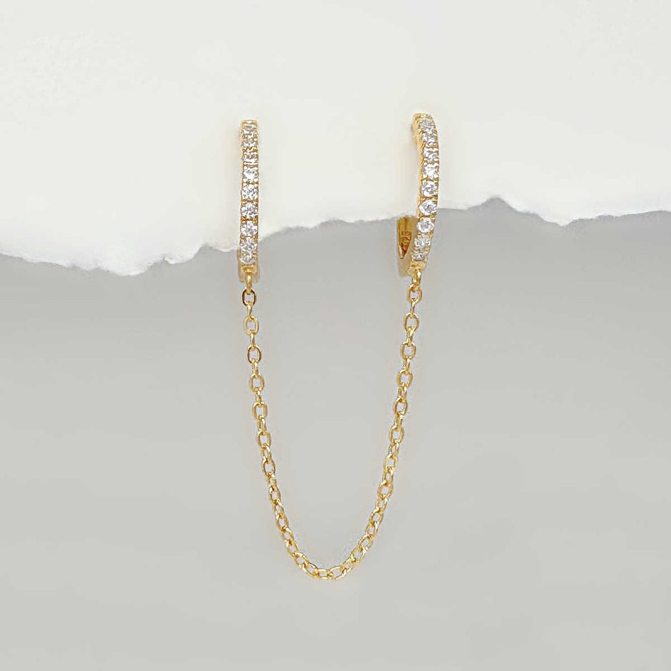 Gold, SIlver & Gemstone Double Piercing and Connected Chain Earrings ...
