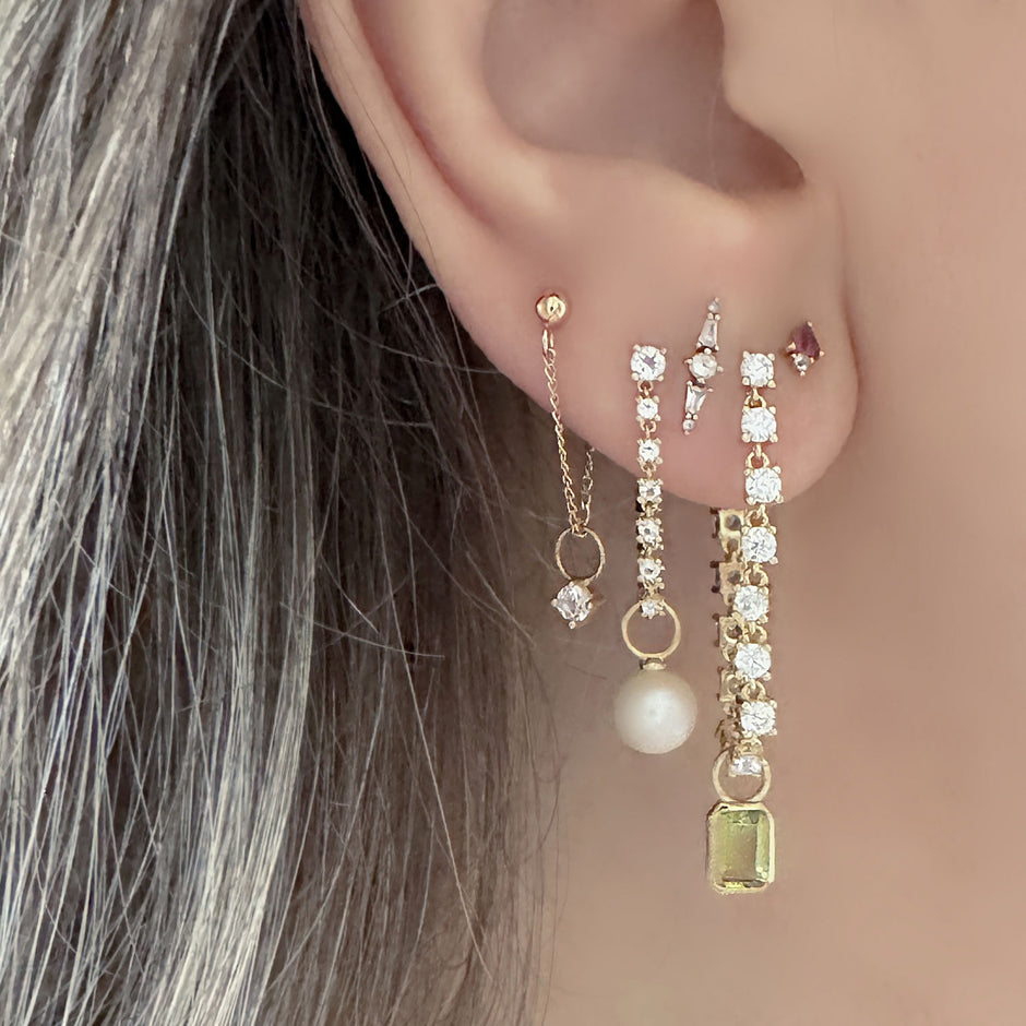 Gold, SIlver & Gemstone Double Piercing and Connected Chain Earrings ...