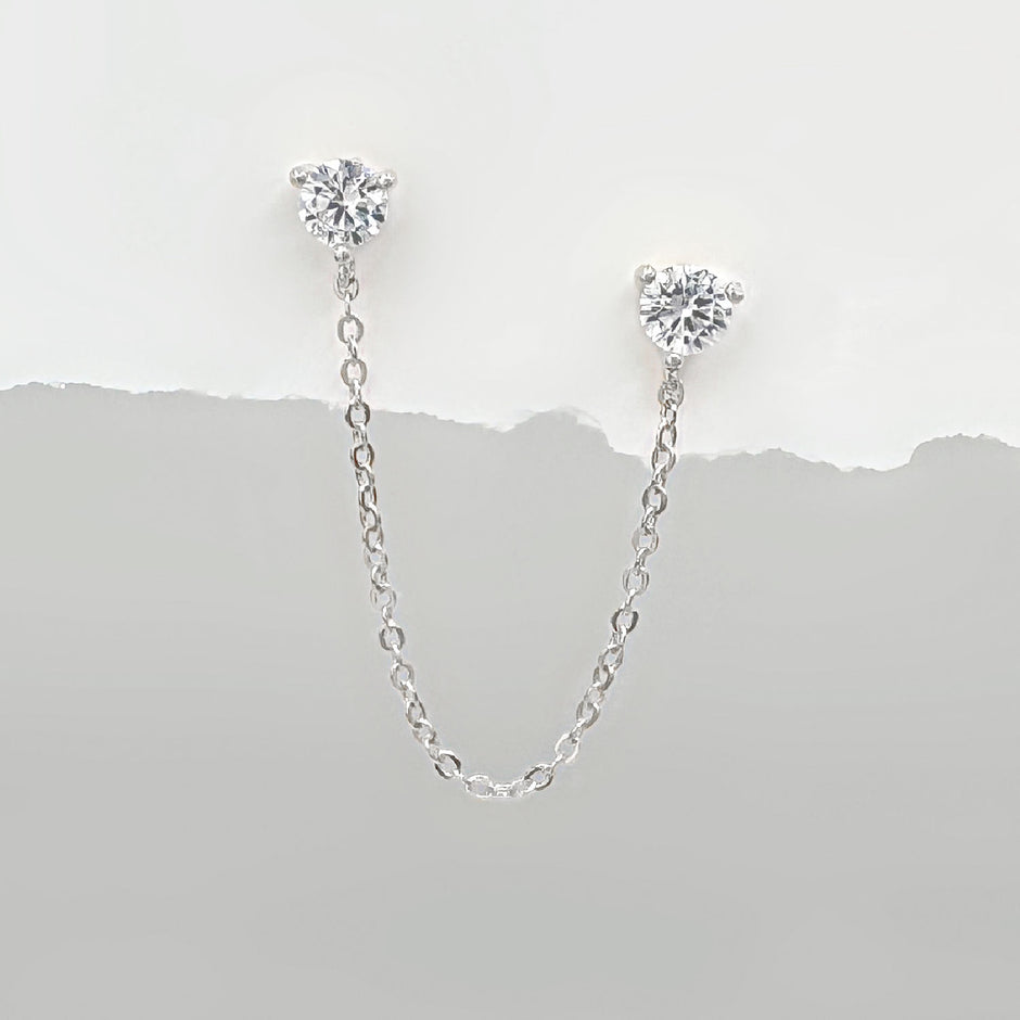 Gold & Gemstone Double Piercing & Connected Chain Earrings – Two of Most